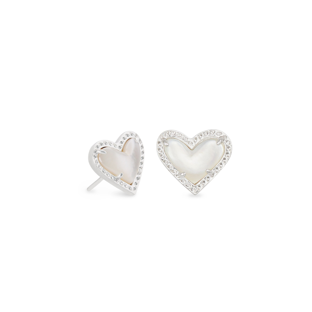 Kendra Scott Ari Heart Silver Stud Earrings in Ivory Mother of Pearl ...