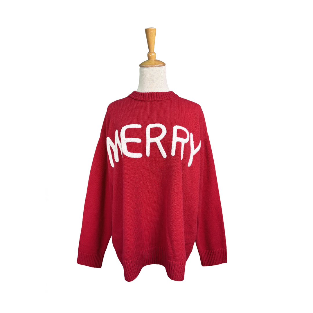 Red Merry Chenille Letter Sweater — Trudy's Hallmark